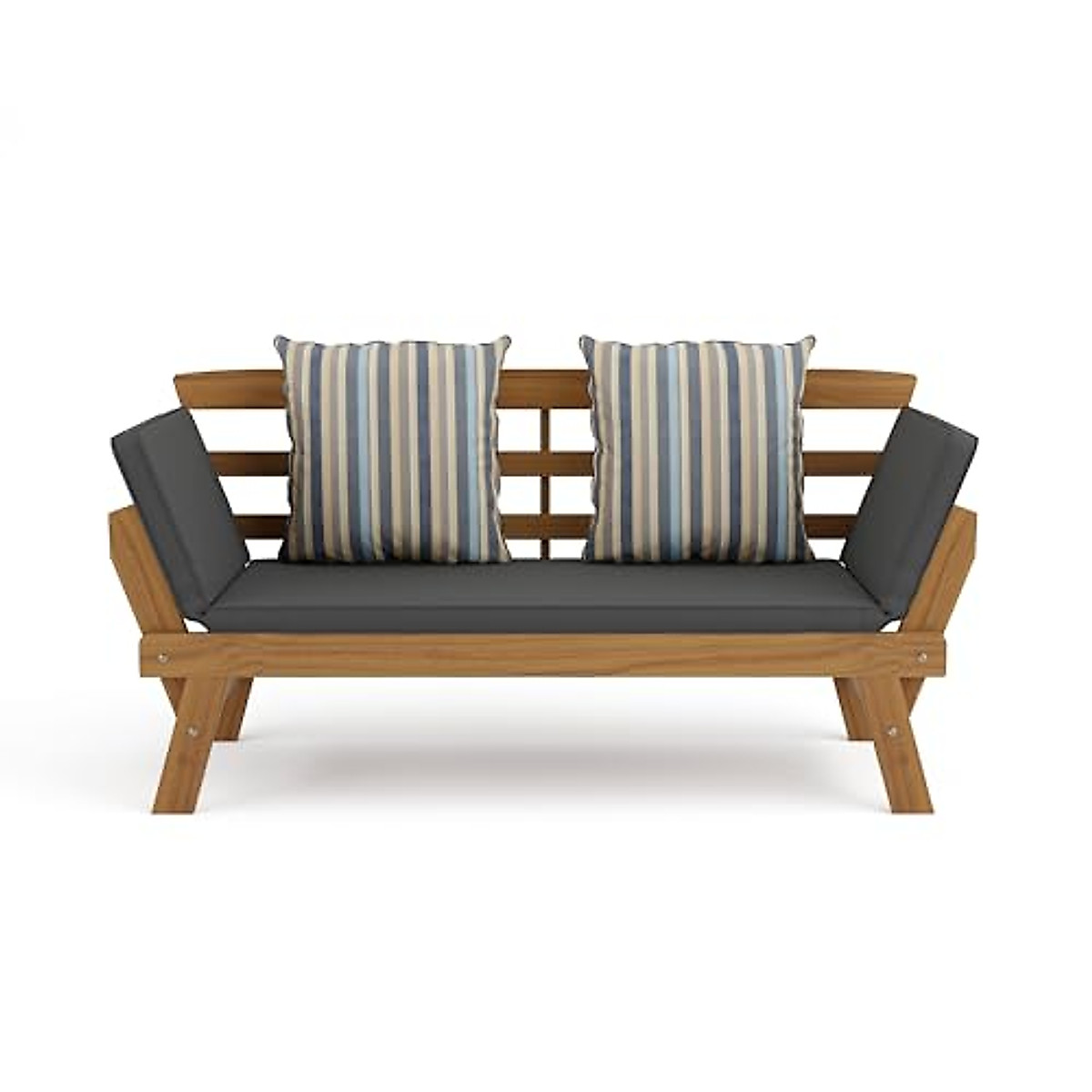 Greemotion Velden Certified Acacia Natural Finish Wood Sofa Narrow Daybed Small Loveseat Patio Sofa Bed Patio Lounge Bed Wood Couch, Outdoor Convertible Daybed Porch Loveseat with Gray Cushion