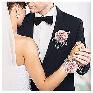 XAN Bridesmaid Wrist Flower Corsage Bride Silk Wrist Flower, with Artificial Pearl Bead Elastic Bracelet Wristband Gold Leaf, Used for Wedding Ball Hand Flower Decoration (Grey Combination)