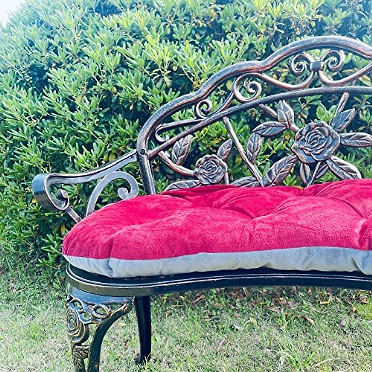 Mandolin Outdoor Bench Park Garden Bench,All Chair Anti Rust Cast Aluminum Patio Yard Bench,Carved Rose Loveseat Bench for Backyard .Porch.Balcony.Lawn (Copper with Cushion)