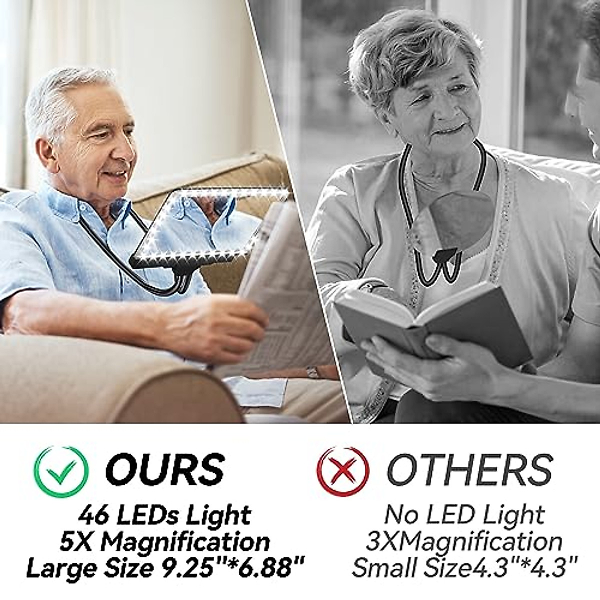 NZQXJXZ 5X Rechargeable Hands Free Magnifying Glass Flexible Gooseneck Full Book Page Magnifier for Reading 43 Ultra-Bright LED Light for Neck Wear Repair Sewing Low Eyesight Seniors