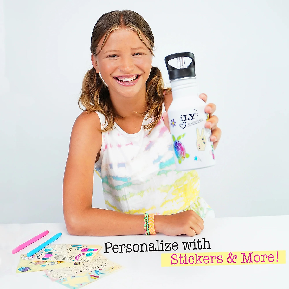 ACTIVITY KINGS iLY Insulated Hydro Water Bottle With Straw For Girls & Boys | Eco-Friendly, BPA Free | Dishwasher Safe | (2 Markers, 60 Stickers, Kids 6+)