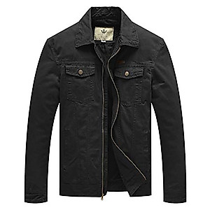 WenVen Men's Casual Cotton Jacket Canvas Military Field Jacket (B-Black,M)