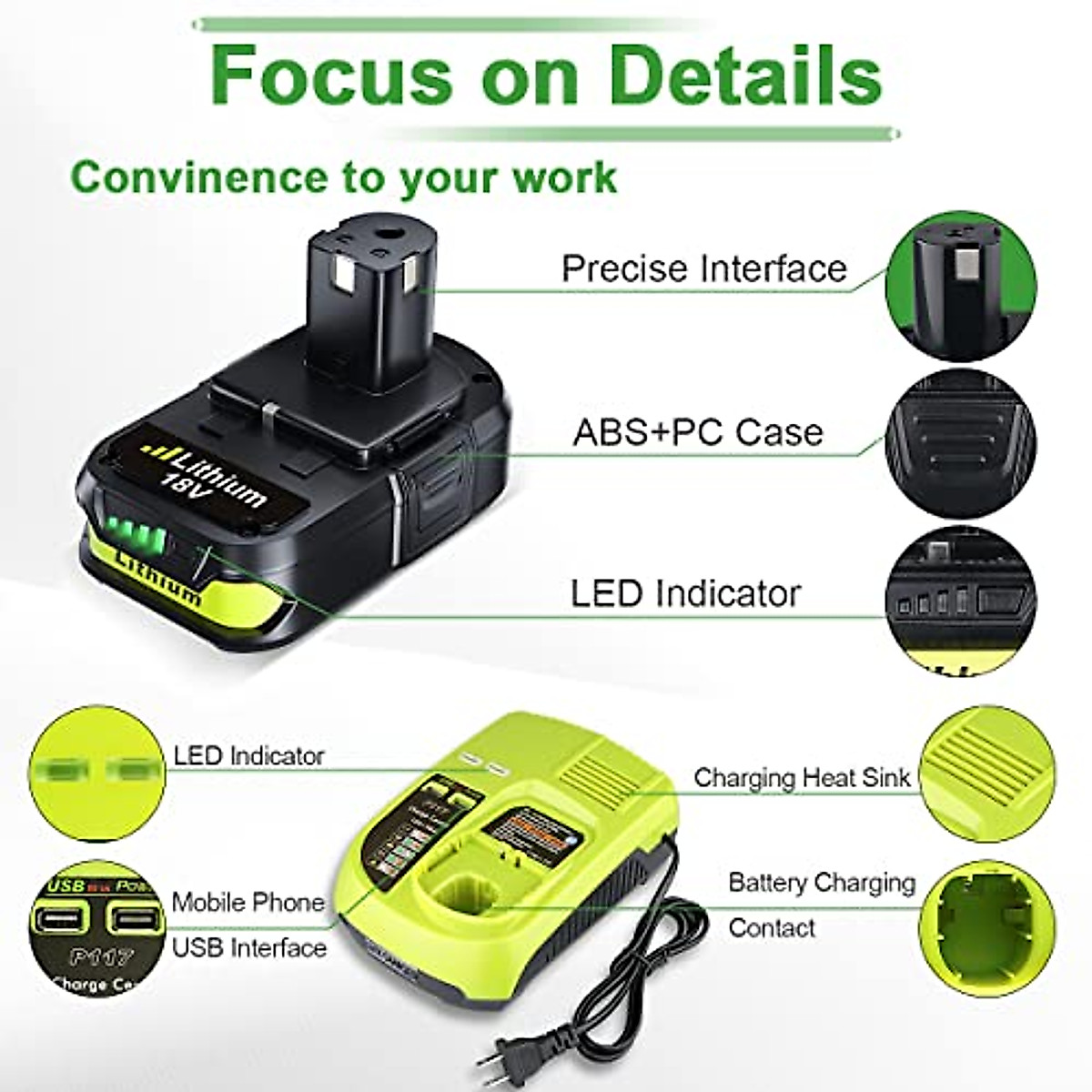 2Pack 3.0AH P102 P190 Replacement for Ryobi 18V Battery + P117 Charger for Ryobi Battery 18V Lithium P108 P107 P104 P105 P102 P103 for Ryobi 18V Lithium Battery Charger with 260051002 P117 P118 P113