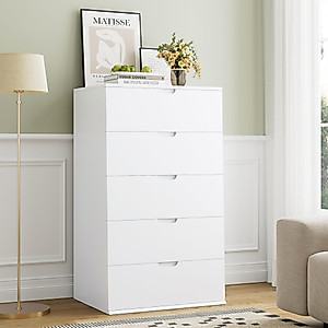 FOTOSOK 5 Drawer Dresser, White Dresser Modern Dresser Wood Chest of Drawers with Closed Cut-Out Handles, 23.6L x 17.3W x 39.4H Inch Tall White Dresser for Home Office