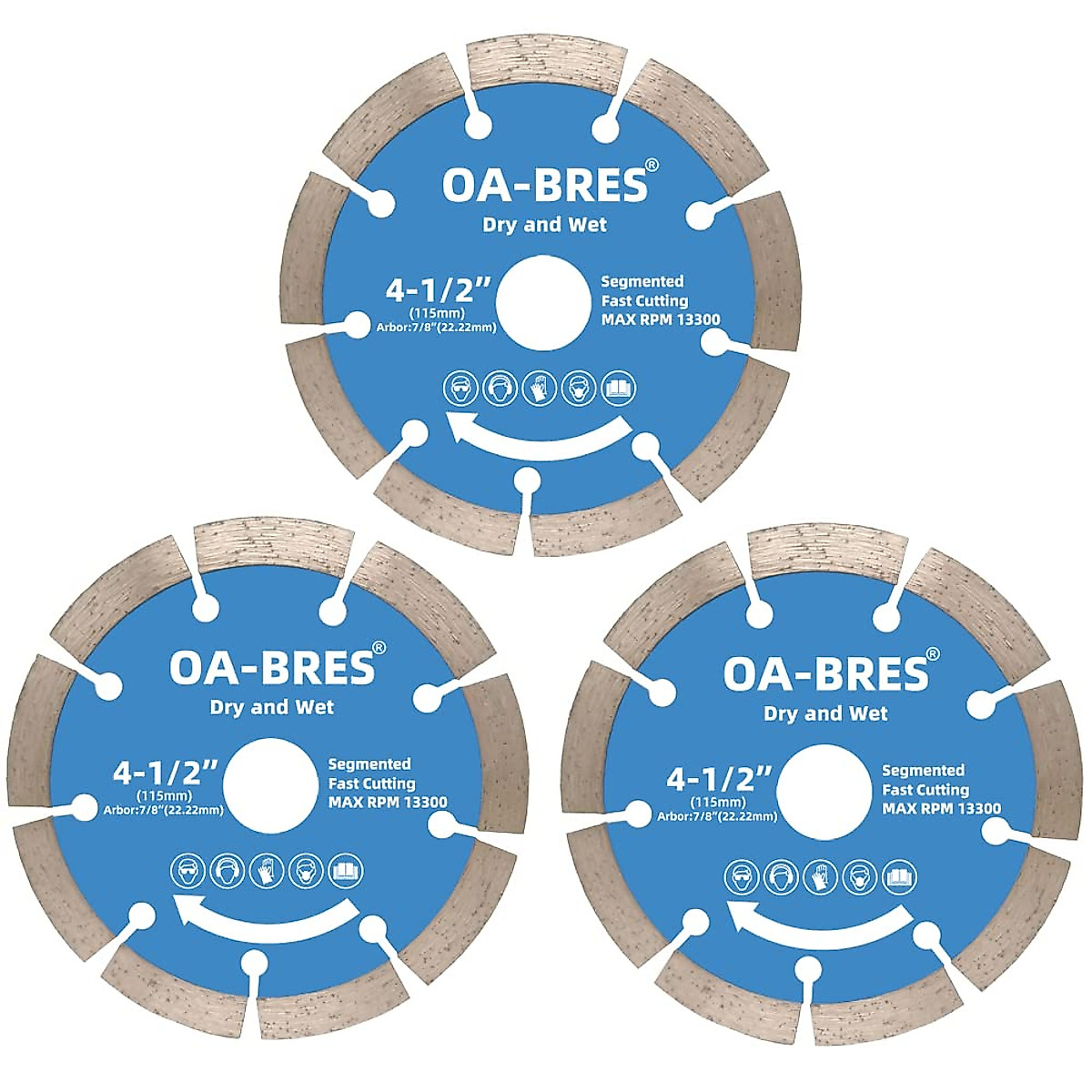 OA-BRES 4-1/2 Inch Diamond Blade, Segmented Diamond Cutting Wheel for Angle Grinder, Dry and Wet Fast Cutting for Concrete Stone Masonry Brick Block, Arbor 7/8", 7/8"-5/8"and 7/8"-20mm Bushing Include ( 3-Pack)