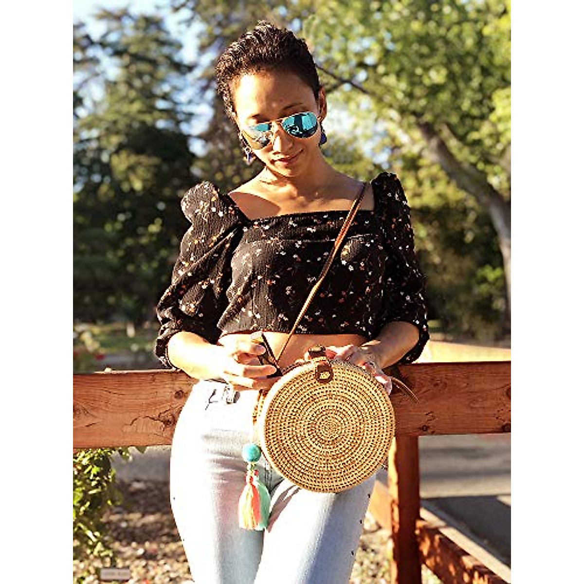 Handwoven Round Rattan Bag, Leather Shoulder Strap, Two Pocket Boho Bali Wicker Crossbody Handbag