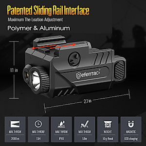 DEFENTAC DF-1061 Magnetic Charging Pistol Light with Green Beams for Guns, 450 Lumens Tactical Flashlight White LED and Green Beam Combo with Sliding Rail