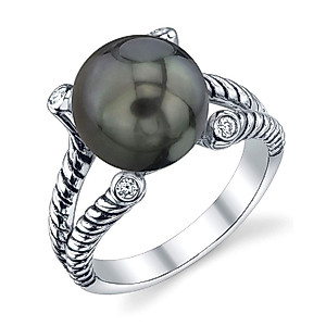 The Pearl Source 11-12mm Genuine Black Tahitian South Sea Cultured Pearl & Cubic Zirconia Braided Ring for Women