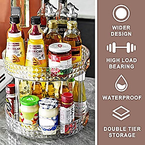 YEAVS 2 Tier Lazy Susan, 11 Inch Clear Turntable 360° Rotating Deep Spice Makeup Organizer, Plastic Cosmetic Holder Condiment Rack with Handle for Kitchen Cabinet, Countertop, Bathroom Storage