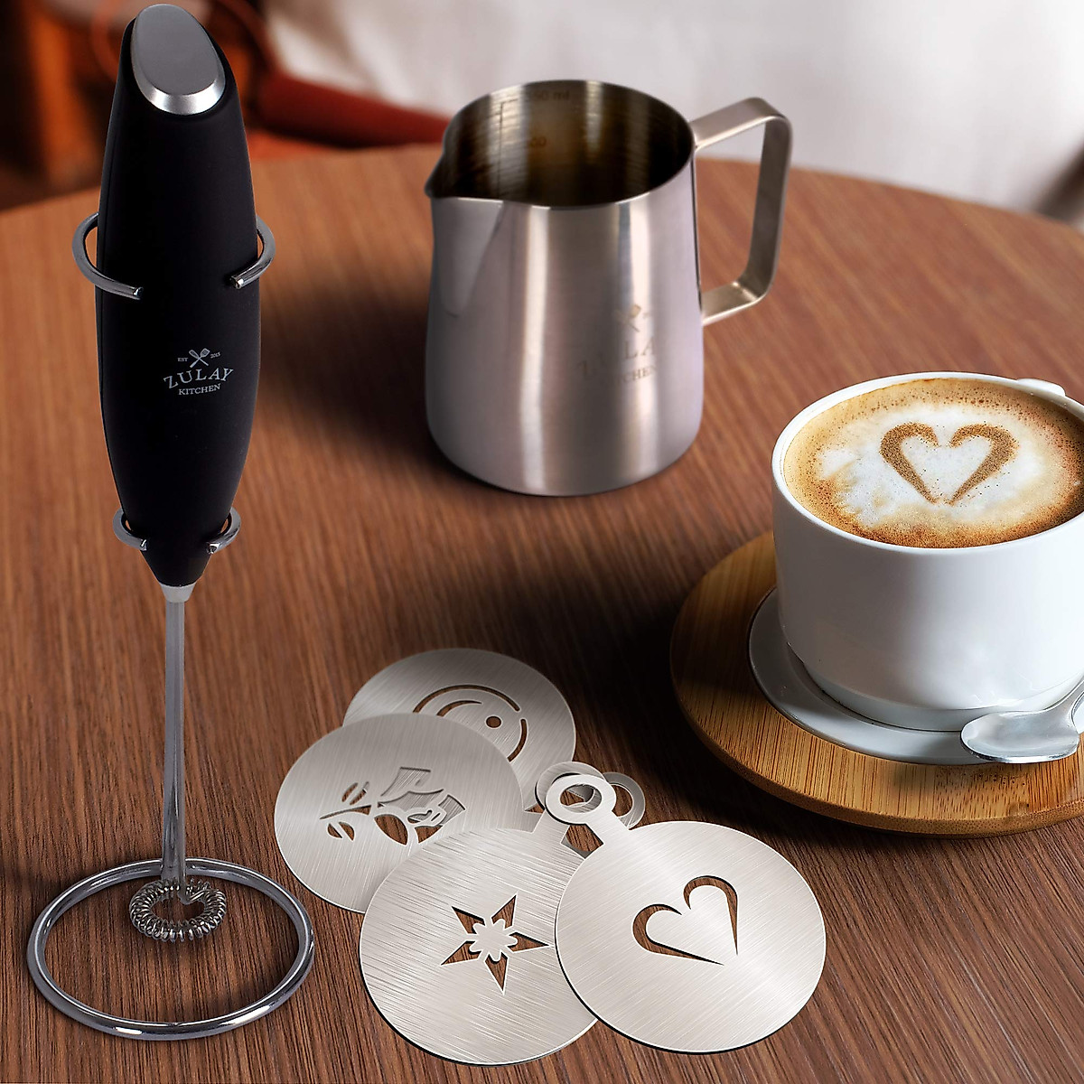 Zulay Kitchen Premium Gift Milk Frother Complete Set - Handheld Foam Maker, Stencils & Frothing Pitcher Set - Whisk Drink Mixer for Coffee - Mini Blender for Cappuccino, Frappe - Black