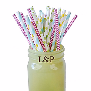 Easter Color Apple Green, Aqua, Yellow and Hot Pink Paper Straw Combo with Stripes, Polka Dot, and Chevron Design 100 Pk