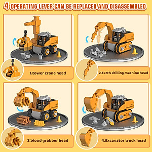 JIFTOK Constrcution Truck Toy Car for 3 4 5 6 7 8 Year Old Boys, Take Apart Toys with Electric Drill, Building Toy Playset with Excavator Toy, Tractor Toy for Kid 3-5 4-8 Christmas Birthday Gifts