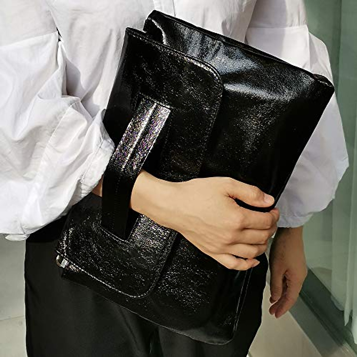 NIGEDU Women Handbags Leather Female Clutch Handbag Messenger Bag Large Solid High Capacity (Bright Black)