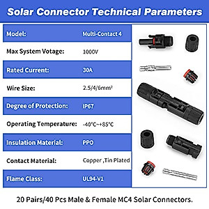 OUTLEE 20 Pairs Solar Panel Connector with 2 Pack Wrench, IP67 1000V 30A Waterproof Solar Panel Cable Connectors Male/Female Multi-Contact Solar Connectors