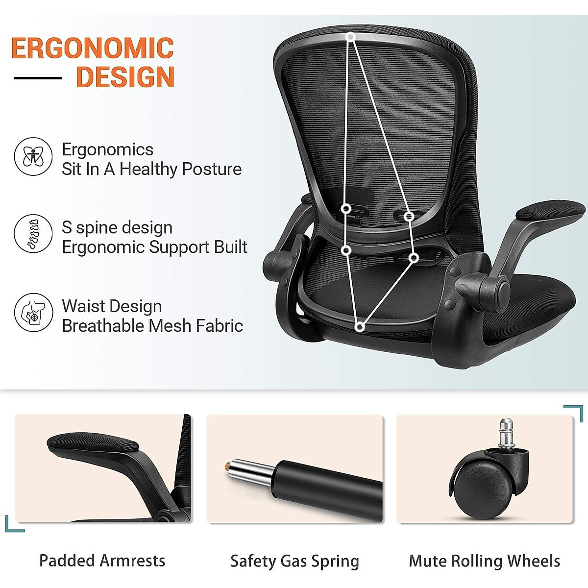 Devoko Drafting Tall Flip-up Armrests Office Desk Ergonomic Mesh Chair Lumbar Support with Adjustable Height, Black