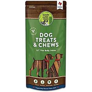Supreme 12-inch Thin Bully Sticks by Sancho and Lola’s (10 Pack) All-Natural, Long-Lasting Dog Chew Treats - Free-Range, Grass-Fed Beef - Low Odor