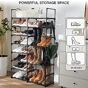 EXQ Home Black Metal Shoe Rack for Closet,8 Tiers Free Standing Shoe Racks for Entryway with Side Hooks,24-30 Pairs Shoe and Boots Shelf, Tall Shoe Organizer for College Dorm, Door and Garage