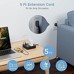 Flat Plug Power Strip, TESSAN Ultra Thin Extension Cord with 3 USB Wall Charger, 5 ft Slim Desk Charging Station Compact for Cruise Ship, Travel, Home, Office, Dorm Room Essentials, Black