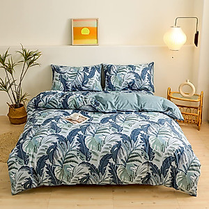 Koudi Tropical Duvet Cover Set Queen Blue Green Palm Leaves Monstera Plant Bedding Set Rainforest Botanical Microfiber Comforter Cover with Zipper Ties