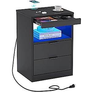 ADORNEVE LED Nightstand Black Nightstand with Wireless Charging Station 2 Drawers, Modern Bedroom End Side Table with LED Lights, Wooden Sofa Bedside Table with Pull-Out Shelf