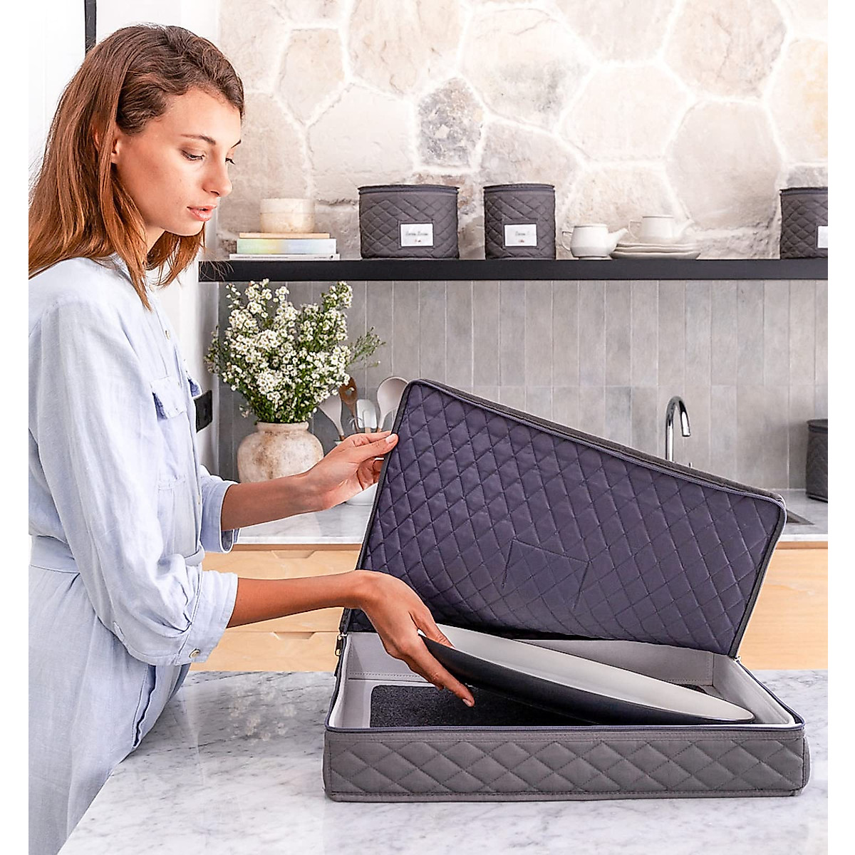 Bulb & Shade Large Platter Storage Case 19" x 14" - China Storage Container - Quilted, Hard Shell - Holds 2 Platters - Perfect Storage For Thanksgiving and Christmas Platters