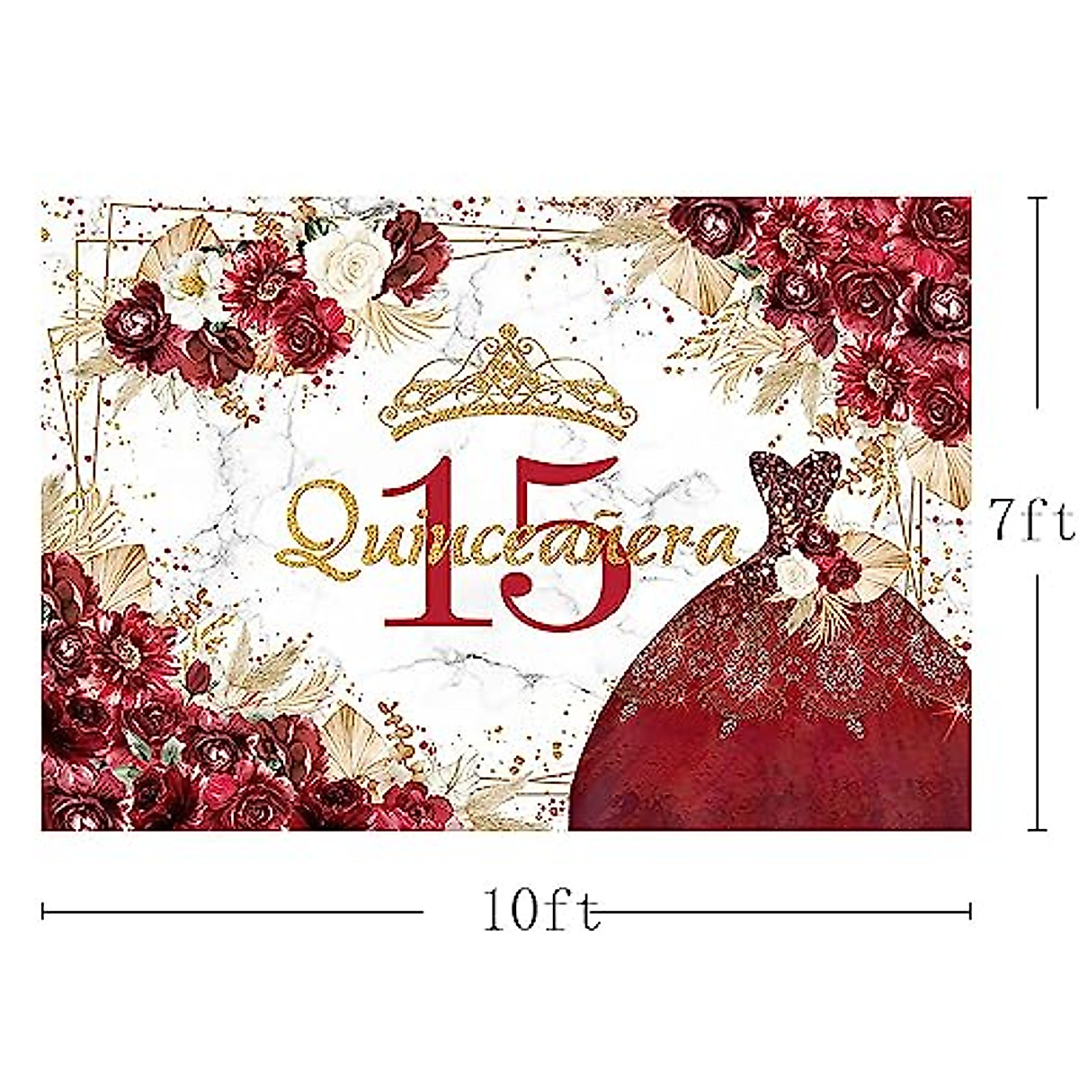 MEHOFOND 10x7ft Boho Floral Quinceanera 15th Birthday Backdrop for Girls Red Flowers Pampas Grass Mis Quince Anos 15th Birthday Party Decorations Photography Background Gold Glitter Dots Crown Banner