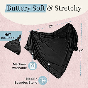 Stroller Society - Newborn Swaddle and Hat Set, Stretchy and Comfortable Baby Swaddle Blanket, Use as Receiving Blanket, Toddler Blanket and More, Black, 47 x 47 inches
