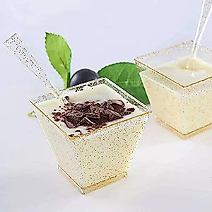 Tebery 100 Pack 8oz Gold Glitter Medium Plastic Dessert Cups With 100 Spoons Square Dessert Bowls for Tasting Party Desserts Appetizers