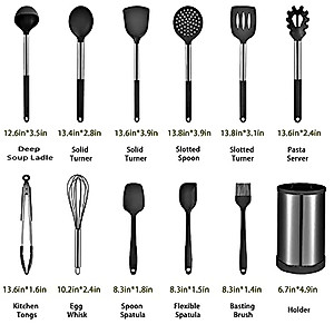 Keidason Kitchen Cooking Utensils Set, 12-piece Non-stick Silicone Kitchen Utensils Set Heat-resistant Stainless Steel Handle,BPA-Free, Kitchen Tool Set (Black)