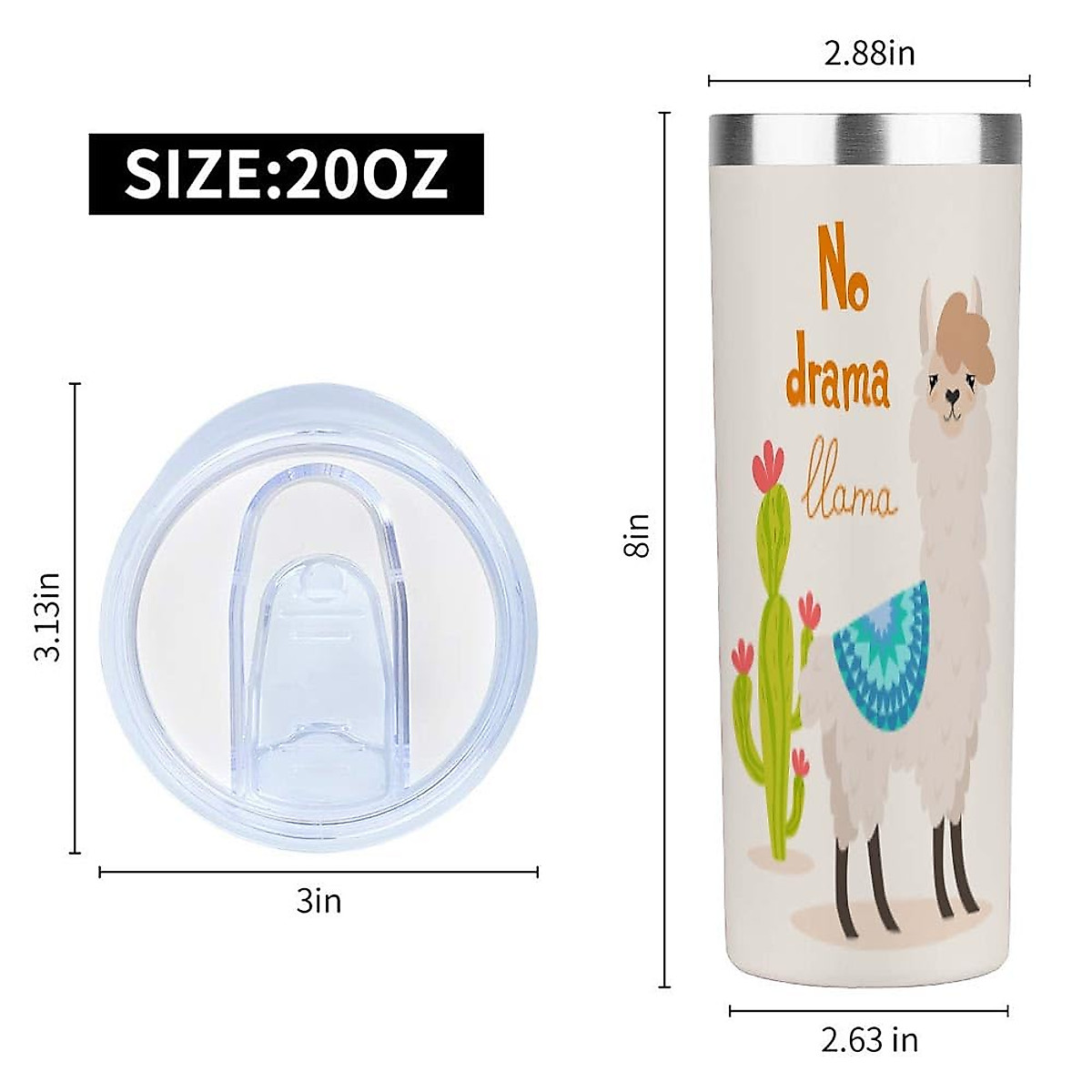 silichee 20 Oz Insulated Tumblers Stainless Steel Cup with Lid Stylish Cartoon Lama Ornament Cactus No Drama Llama Poster Tumblers Double Wall Vacuum Coffee Mugs for Cold Hot Drinks for Sport