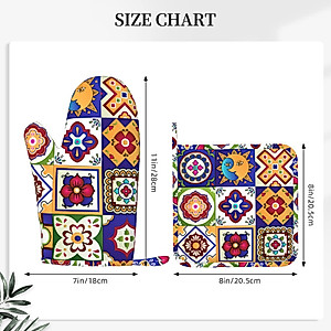 Oven Mitts and Potholders Colorful Geometric Ethnic Silicone Glove Heat Resistant, Kitchen Gloves for Cooking, 2-Piece Set