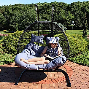 Sunnydaze Liza Loveseat Egg Chair with Gray Polyester Cushions and Stand - Comfy Outdoor Collapsible Hanging Chair with Stand - Black Polyethylene Wicker Rattan Frame with Steel Stand - 76" Tall