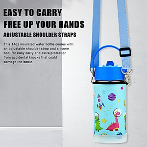 WEREWOLVES 14oz Kids Water Bottle with Straw Lid, Shoulder Strap and Boot - Insulated Stainless Steel, Reusable Leakproof Metal Water Bottles for School (Space Dinosaur (Strap), 14 oz)