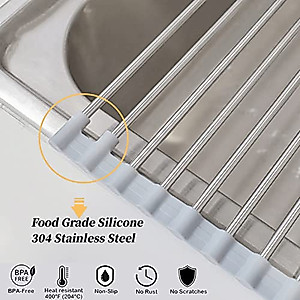 Over Sink Dish Drying Rack, 304 Stainless Steel Roll Up Dish Drainer, Silicone Anti-Slip Roll Out Dish Rack Rolling Flat Sink Rack Mat Foldable Multipurpose for Kitchen Counter (17.7"x16.5")