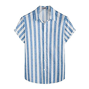 NmglhNm Mens Striped Summer Shirts Short Sleeve Casual Button Down Stylish Tropical Beach Shirts LightBlue 3X-Large