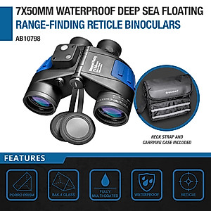 BARSKA Deep Sea Waterproof Floating Binocular w/ Internal Rangefinder & Compass, Blue, 7x50mm (AB10798)