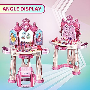 Pretend Play Girls Makeup Table Set with Stool，Open Doors by Gestures，Kids Vanity Set with Lights and Music，Toddler Beauty Salon Set with Makeup Accessories & Hair Dryer Toy for Toddlers 3-5 Years Old