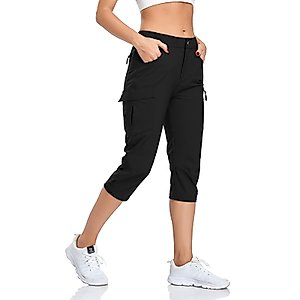 GymBrave Women's Hiking Cargo Pants Quick Dry Outdoor Camping Capris Water Resistant UPF 50 with Zipper Pockets Black