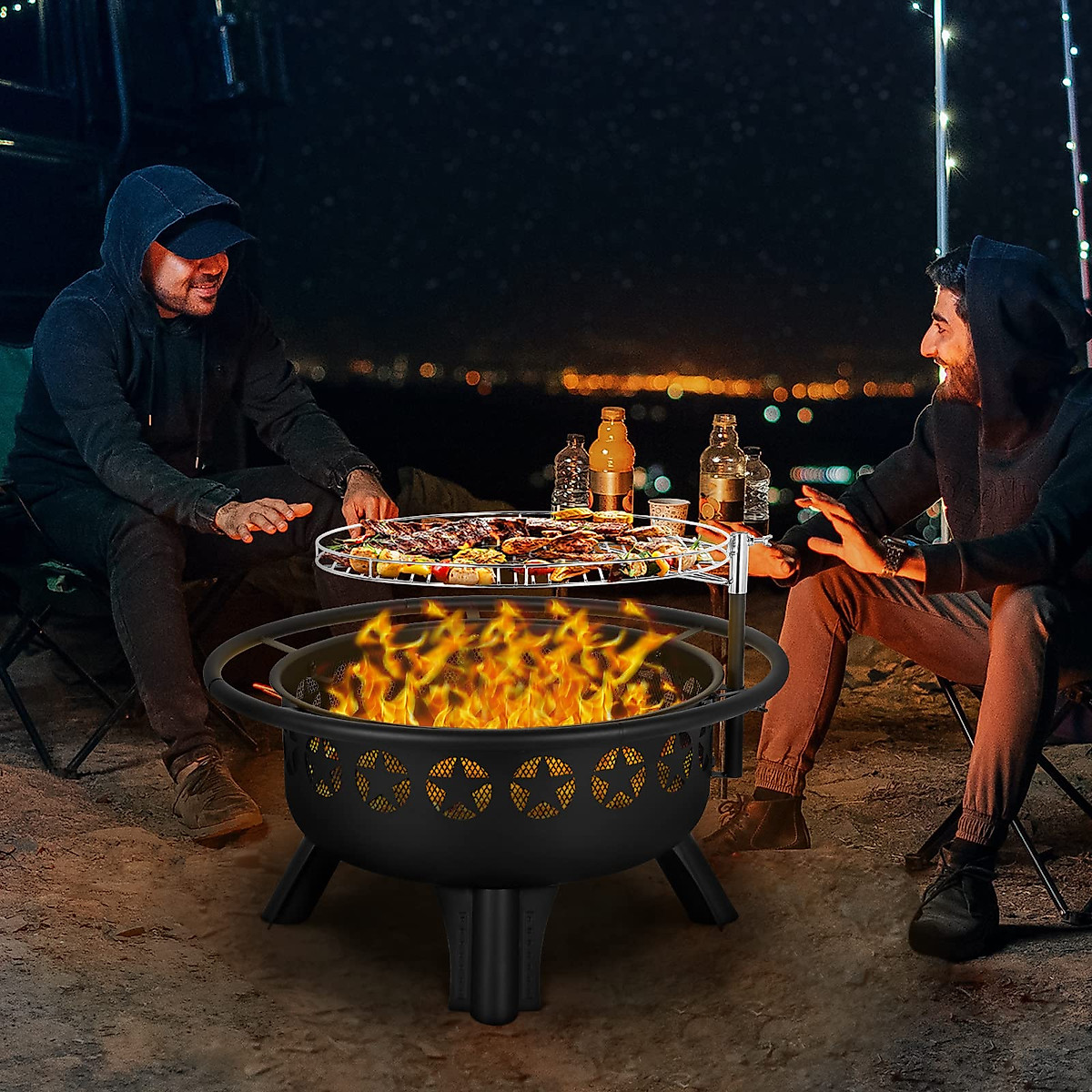 Hykolity 2 in 1 Fire Pit with Grill, Large 31" Wood Burning Fire Pit with Swivel Cooking Grate Outdoor Firepit for Backyard Bonfire Patio Outside Picnic BBQ, Spark Cover, Fire Poker