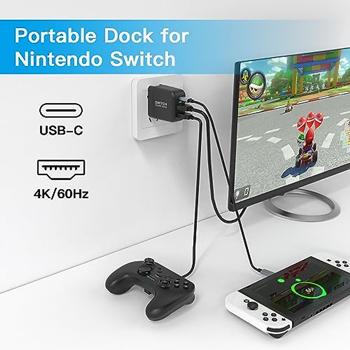 Switch Dock Charger for Nintendo Switch, Mirabox 36W Portable TV Docking Station for Nintendo Switch with 4K@60Hz HDMI/USB2.0/PD USB-C Fast Charging Ports, Full-Featured USB-C to USB-C Cable Included