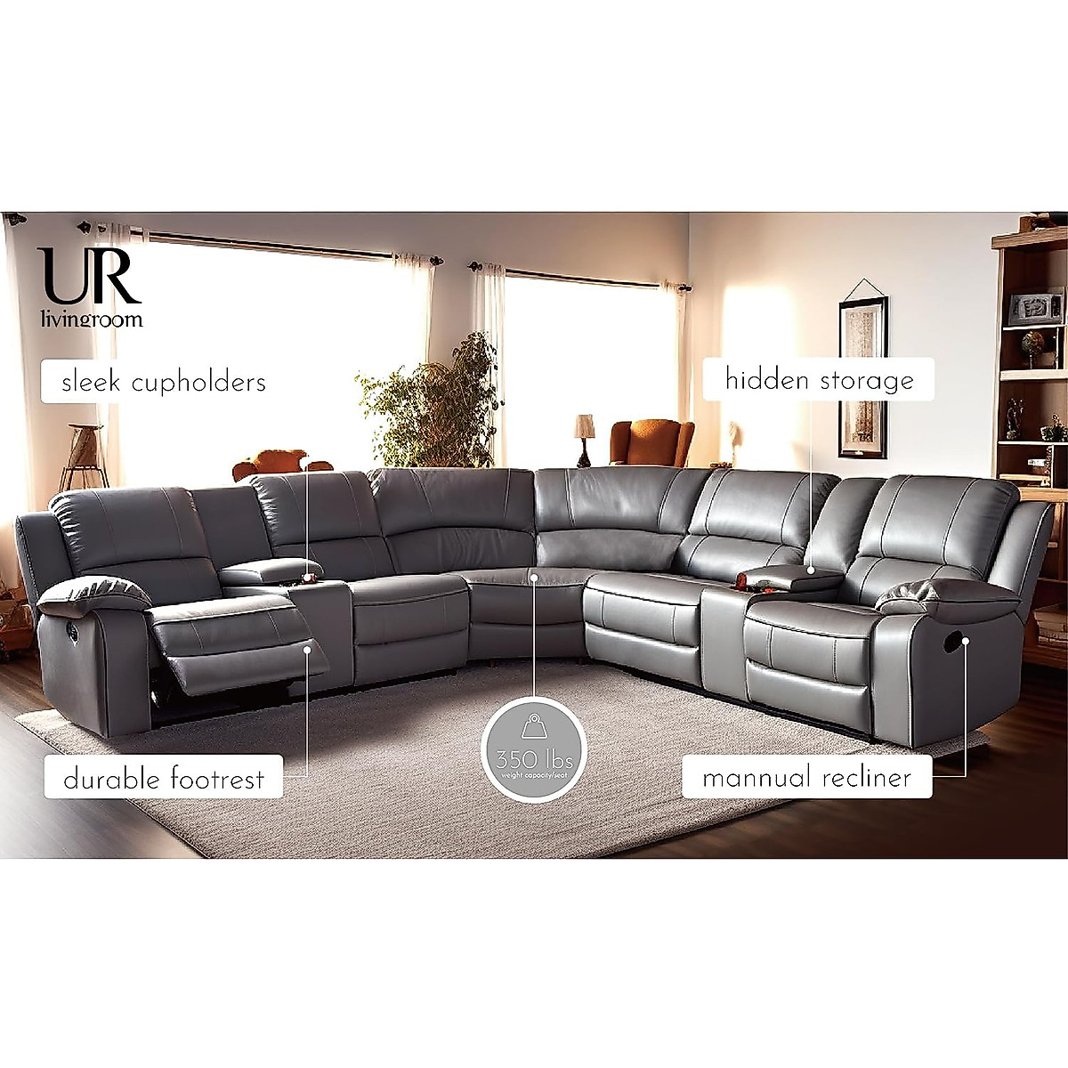 UR livingroom Modular Sectional Sofa PU Leather Manual Recliner Sofa Symmetrical Sectional Couches for Living Room Livingroom Furniture Sets, Grey