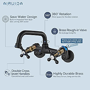 Airuida Matte Black Wall Mount Kitchen Faucet, 6 Inch(15cm) Spout Wall Mount Laundry Sink Faucet, Adjustable Center Double Handles Hot and Cold Water Mixer Tap 360 Rotatable Restaurant Faucet
