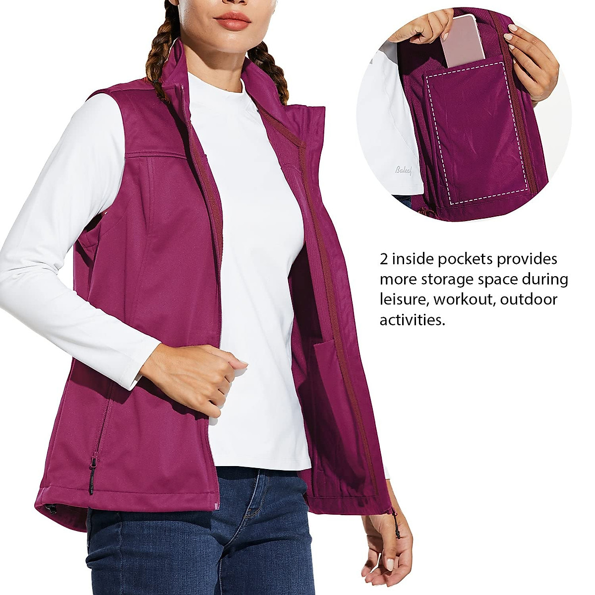 BALEAF Women's Lightweight Vest Softshell Sleeveless Jacket Windproof Stand Collar with Zipper Pockets Running Hiking Golf Rouge L