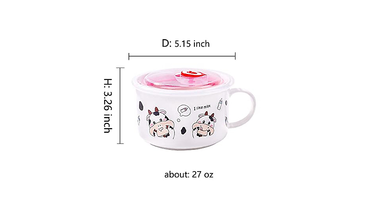 Ceramic Bowl with Lid and Handle,Cute Cows Design,Microwave for Instant ...