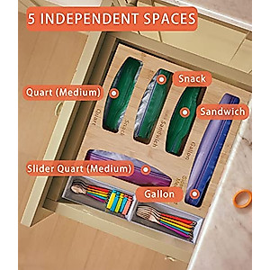 Bamboo Ziploc Bag Organizer - 5 Slots Wall Mount Zip Lock Baggie Storage Organizer for Drawer Kitchen - Compatible With Ziploc | Solimo | Glad | Hefty For Gallon | Quart | Sandwich | Snack Size Bags