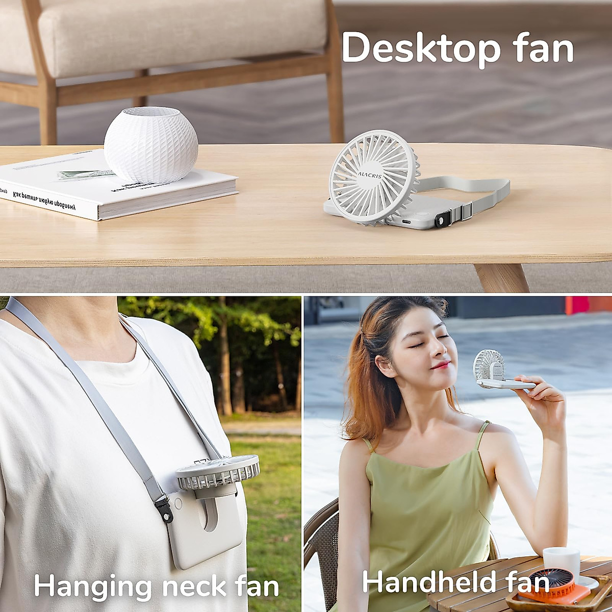 ALACRIS Portable Hanging Neck Fan, Wearable Personal Fan with Adjustable Lanyard, 3 Speeds Rechargeable Mini Handheld Personal Fan for Home Office Outdoor Travel