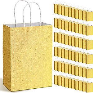 60 Pcs Small Gift Bags Valentines Day Paper Gift Bags Glitter Kraft Bag Reusable Gift Bag with Handle Bridal Shower Favor Bags Bulk Goodie Bags for Wedding, Birthday, Bridesmaids,8.2*5.9*3.1 (Gold)