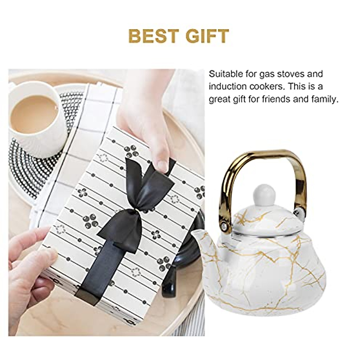 Cabilock 1. 5L Ceramic Enameled Teapot Marble Pear- Shaped Tea Kettle Hot Water Boiling Container for Kitchen Stovetop