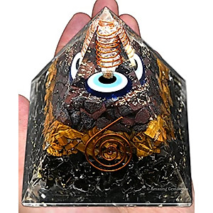 Organite Orgone Pyramid Extra Large 95 MM - Orgone Energy Pyramid with Evil Eye, Hematite, Tiger Eye, Black Obsidian Crystals and Healing Stone - Orgonite Pyramids Crystals and Positive Energy