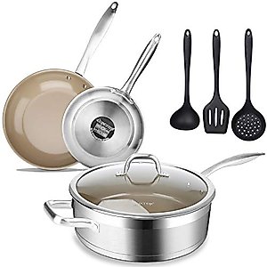 Duxtop 7PC Stainless Steel Ceramic Coated Nonstick Pans Set, Induction Frying Pans, Non-stick Saute Pan with Lid, Impact-bonded Technology